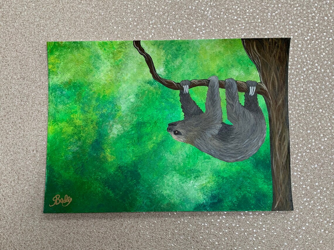 A4 Sloth Original Acrylic Painting, Unframed Jungle Animal Wall Art ...