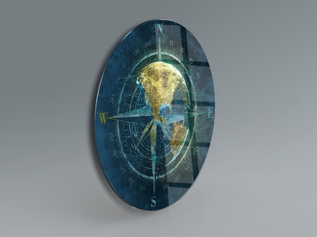Round Glass Compass Wall Art-world Map Glass Wall Decor-extra Large ...