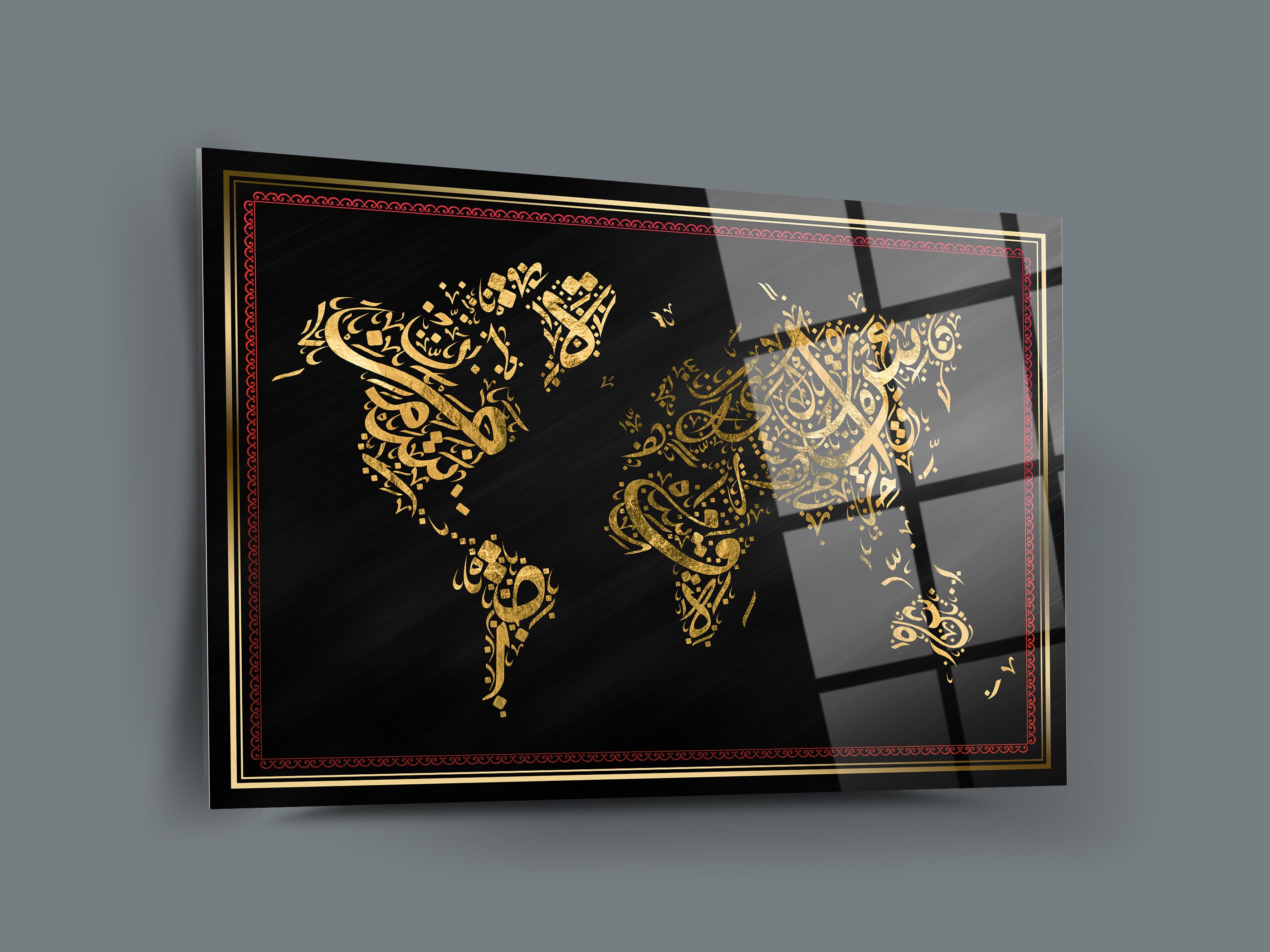 Islamic World Map Glass Wall Art,islamic World Map Glass Wall Decor ...