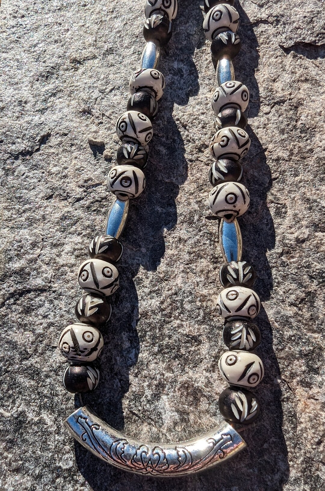 Bone Necklace & Bracelet Set, Bone Carving Jewelry With Etched Metal ...