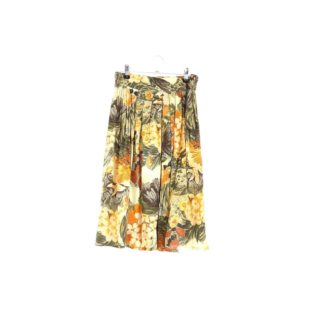 Tropical Orange Floral Skirt Vintage Women's High Waisted Skirt Green ...