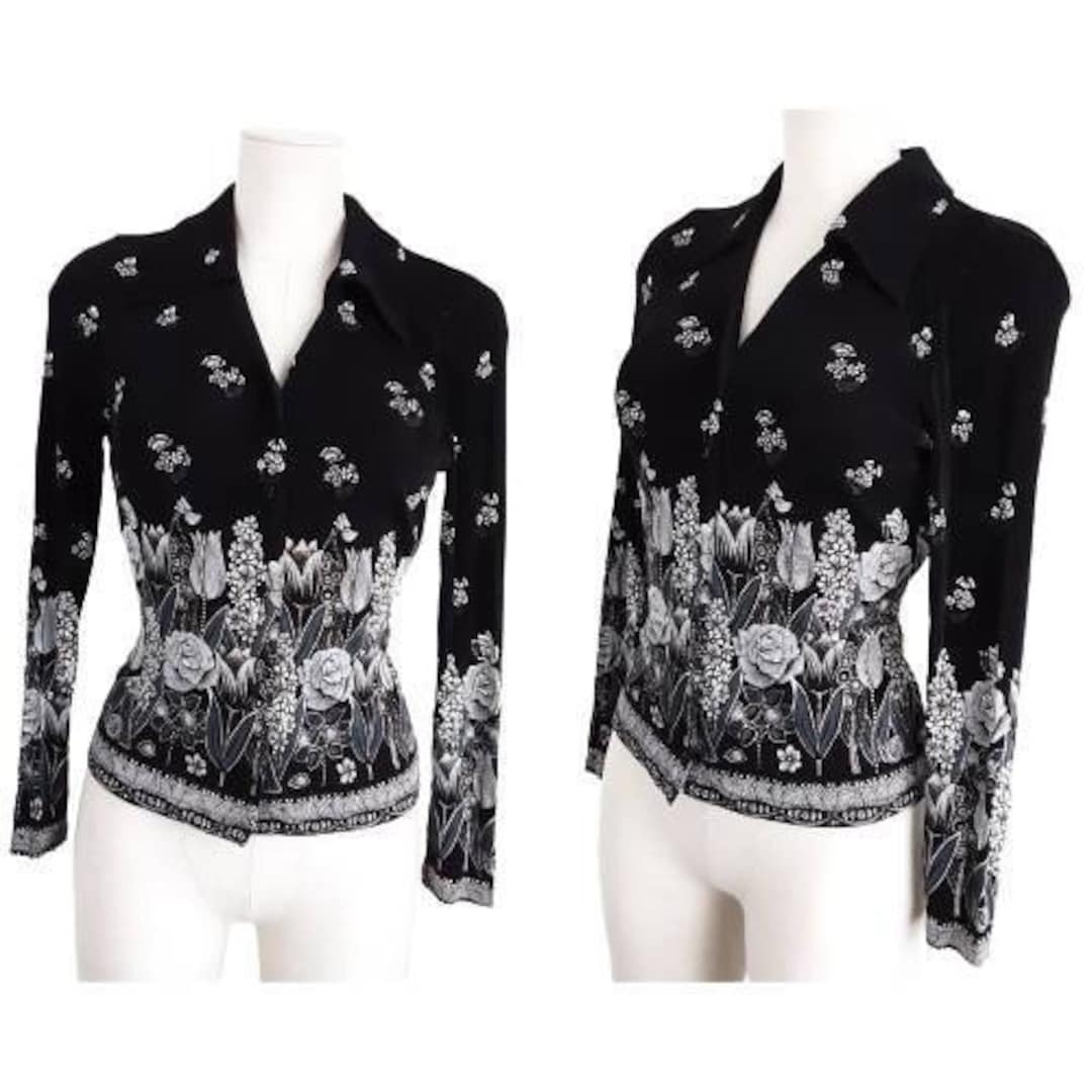 Black and White Floral Embroidered Blouse Vintage Women's Tulip Rose ...
