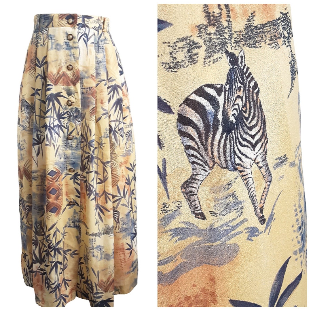 Vintage Yellow Zebra Print Button Down Midi Skirt Women's Horst Basler ...