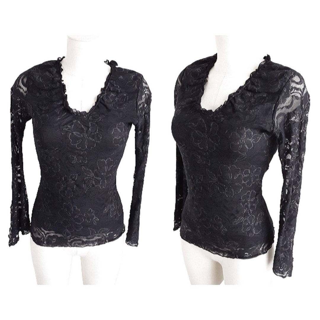 Gothic Black Sheer Floral Lace Top Vintage Women's Glitter Ruffle Neck ...