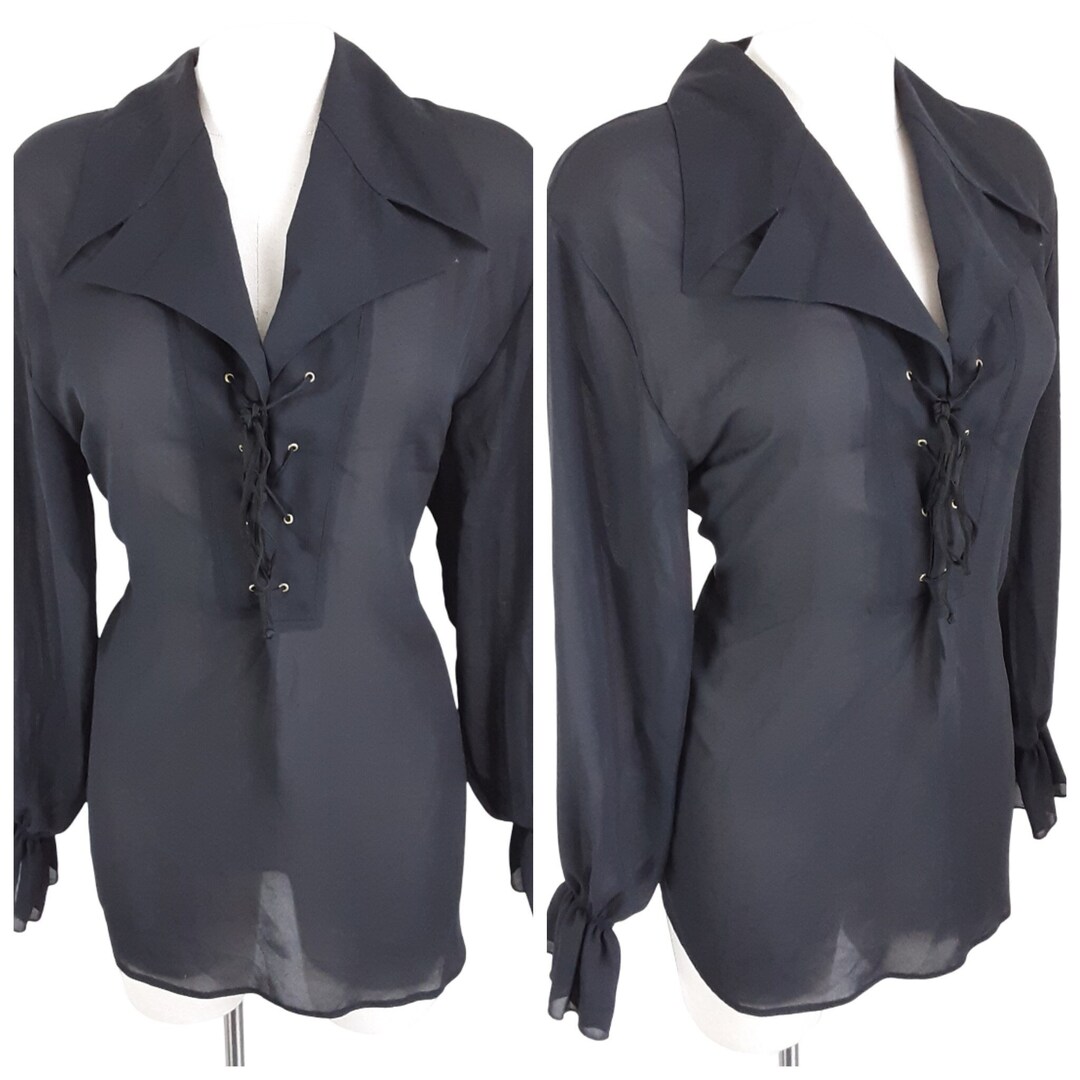 German Gothic Black Sheer Lace up Eyelet Dirndl Blouse Vintage Women's ...
