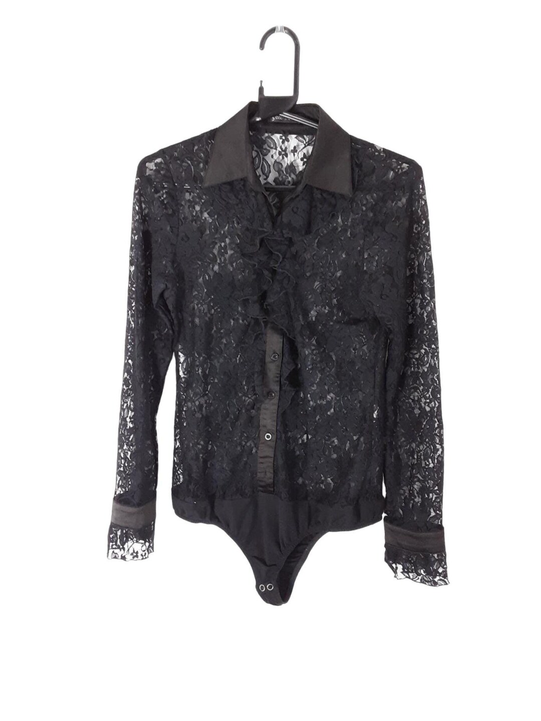 Black Lace Ruffle Trim Bodysuit Vintage Women's Satin Collar Frilly ...