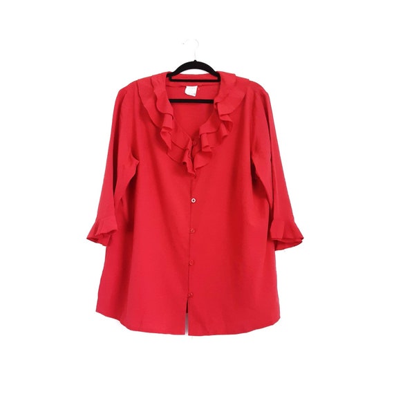 Ruffle Collar Blouse Vintage Red Frilly Top 3/4 Sleev… - Gem