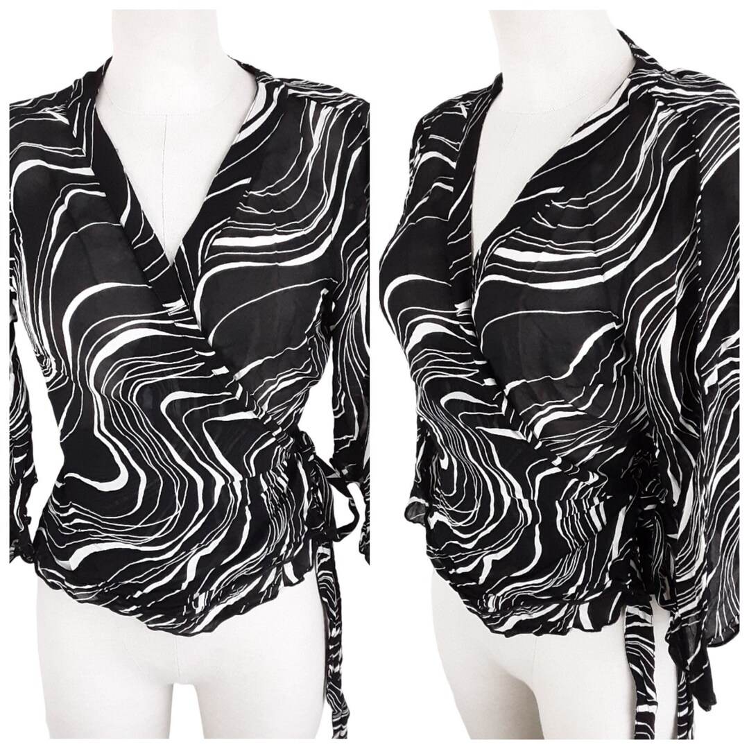 Spanish Sheer Swirl Print Black and White Wrap Blouse Vintage Women's ...