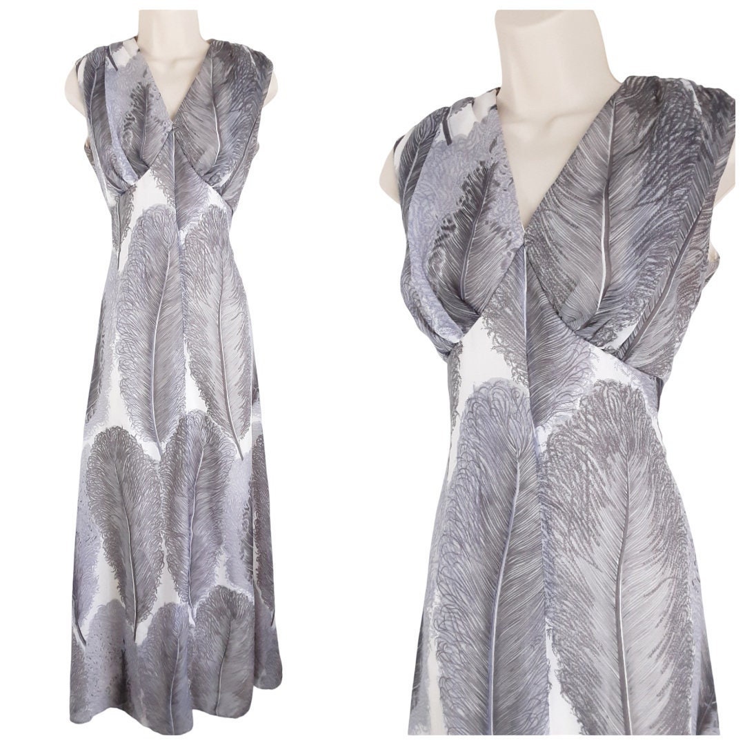 Vintage Feather Print Maxi Dress: Sleeveless V-neck, Size Medium - Etsy