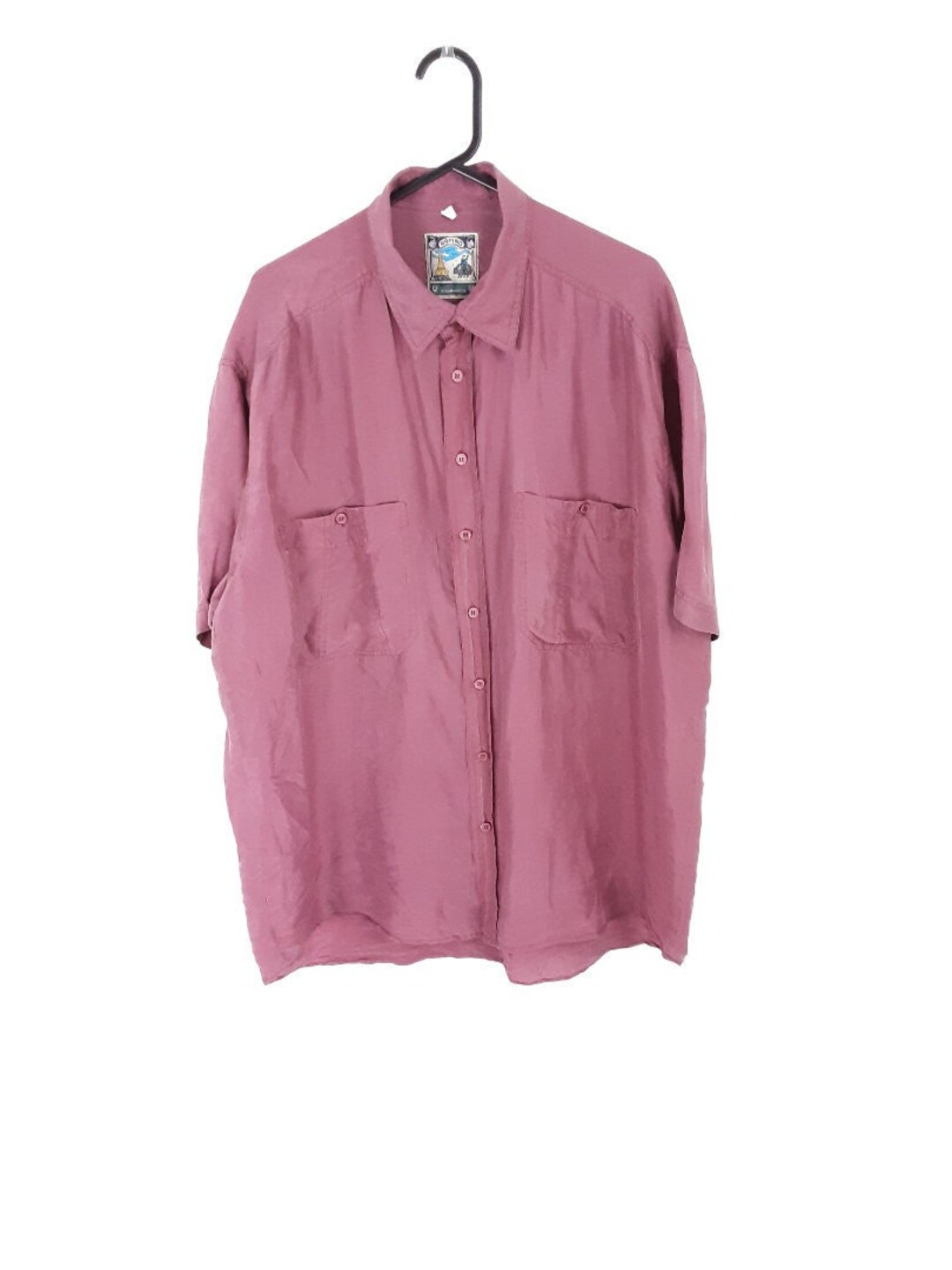90's Dusky Pink Silk Shirt Vintage Men's Button Front Short Sleeve Shirt, Chest Pockets, Collar ...