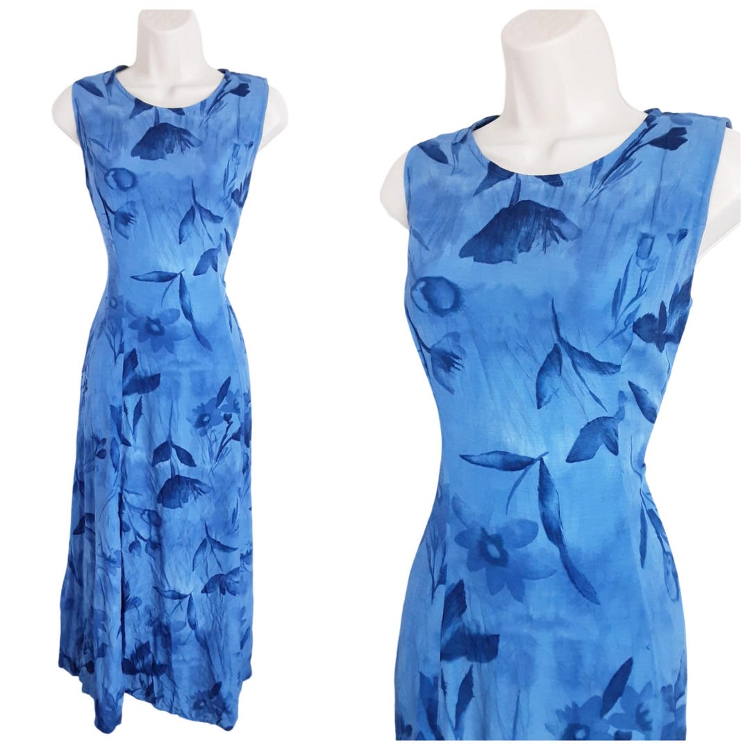 Vintage 90s Crisini Blue Tropical Floral Print Sleeveless Midi Dress ...