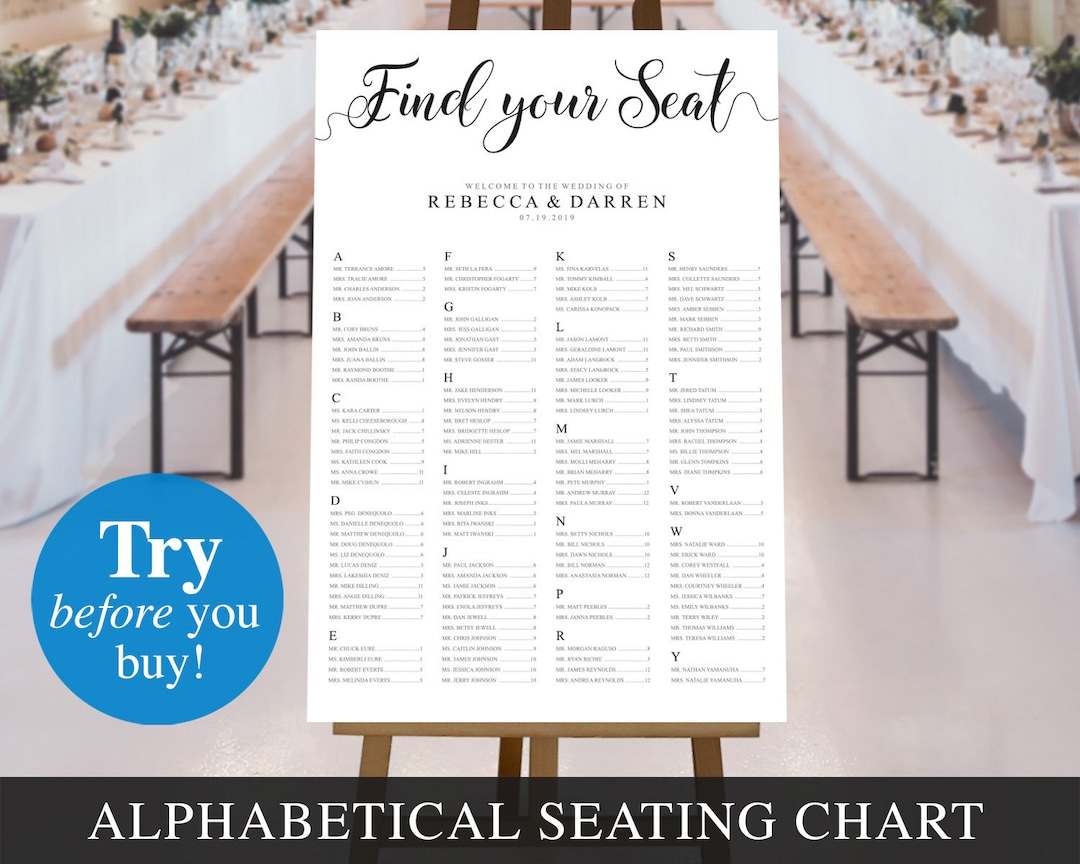 Alphabetical Seating Chart Template. Large A-Z Seating Plan A1 or 24x36 ...