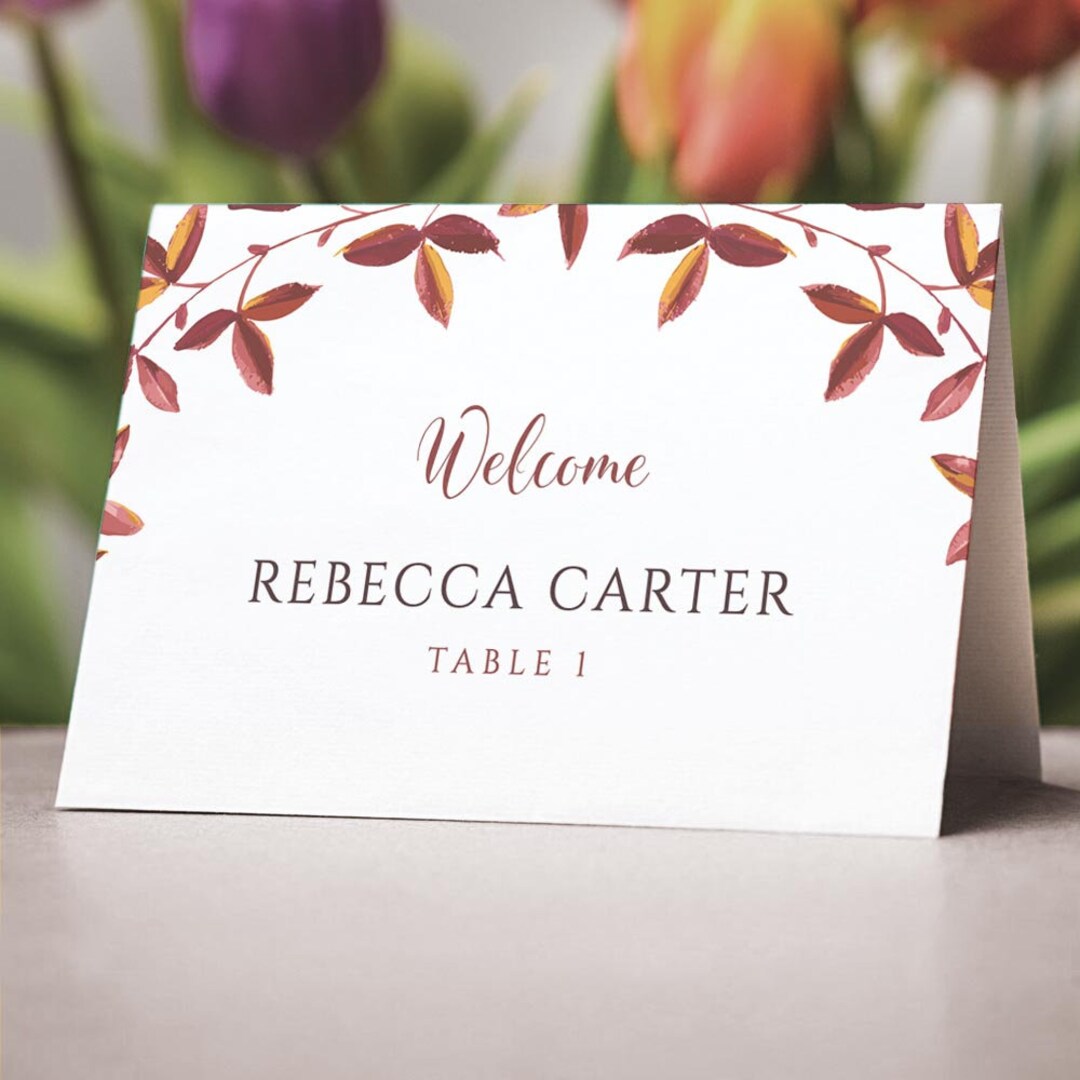 Autumn Leaves Place Cards for Fall Season Weddings. Download Editable ...