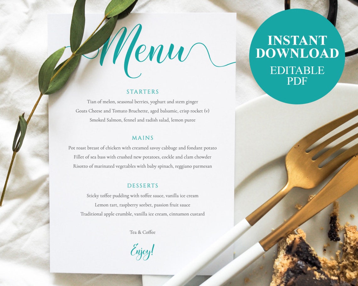 Turquoise Wedding Menu Template 5x7 Table Menu Card - Etsy
