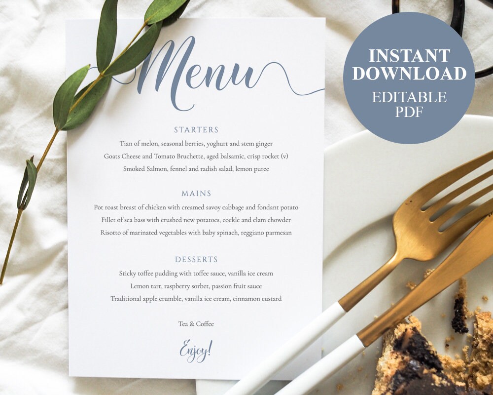 Dusty Blue Wedding Menu Template 5x7 Table Menu Card - Etsy