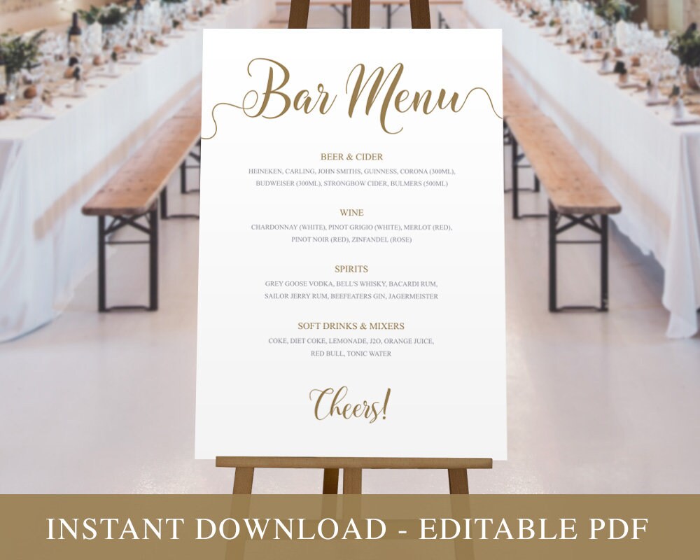 Wedding Bar Menu Sign. Printable Editable Pdf Template INSTANT DOWNLOAD ...