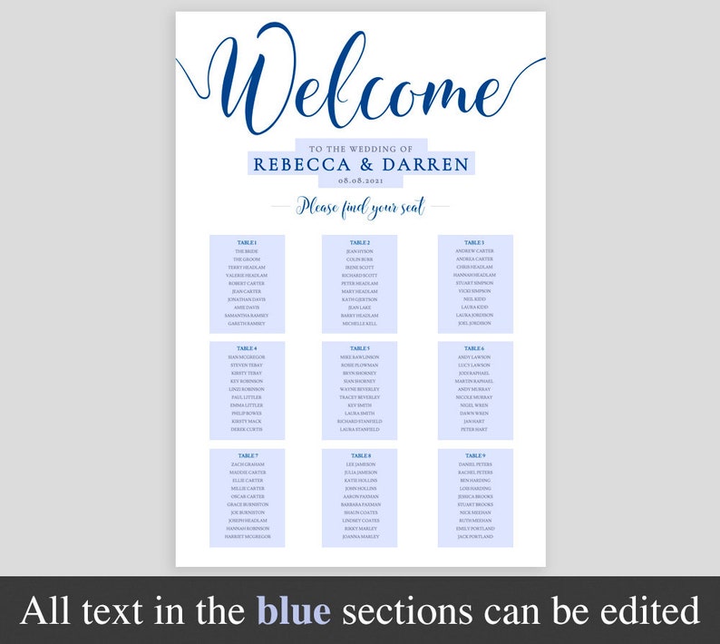 Royal Blue 9 Table Seating Chart. 24x36 Wedding Seating Plan Template ...