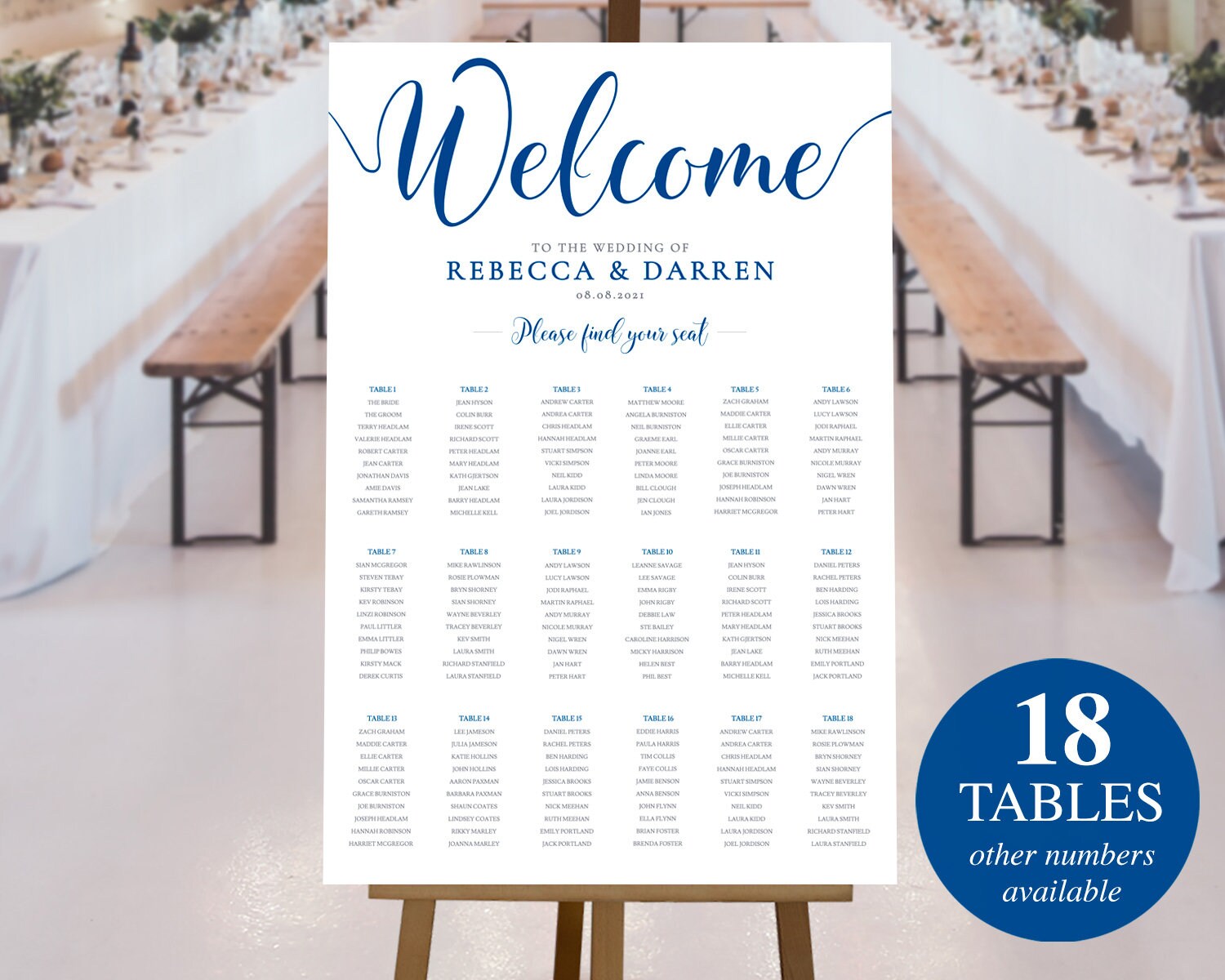 Royal Blue Wedding Seating Chart Template 18 Tables - Etsy