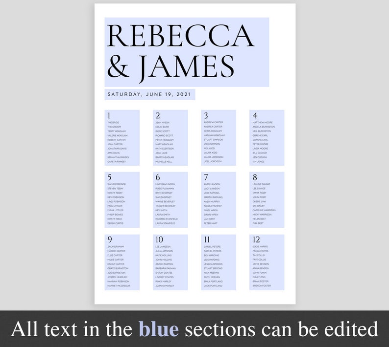12 Table Wedding Seating Chart Template. Large Seating Plan A1 or 24x36 ...