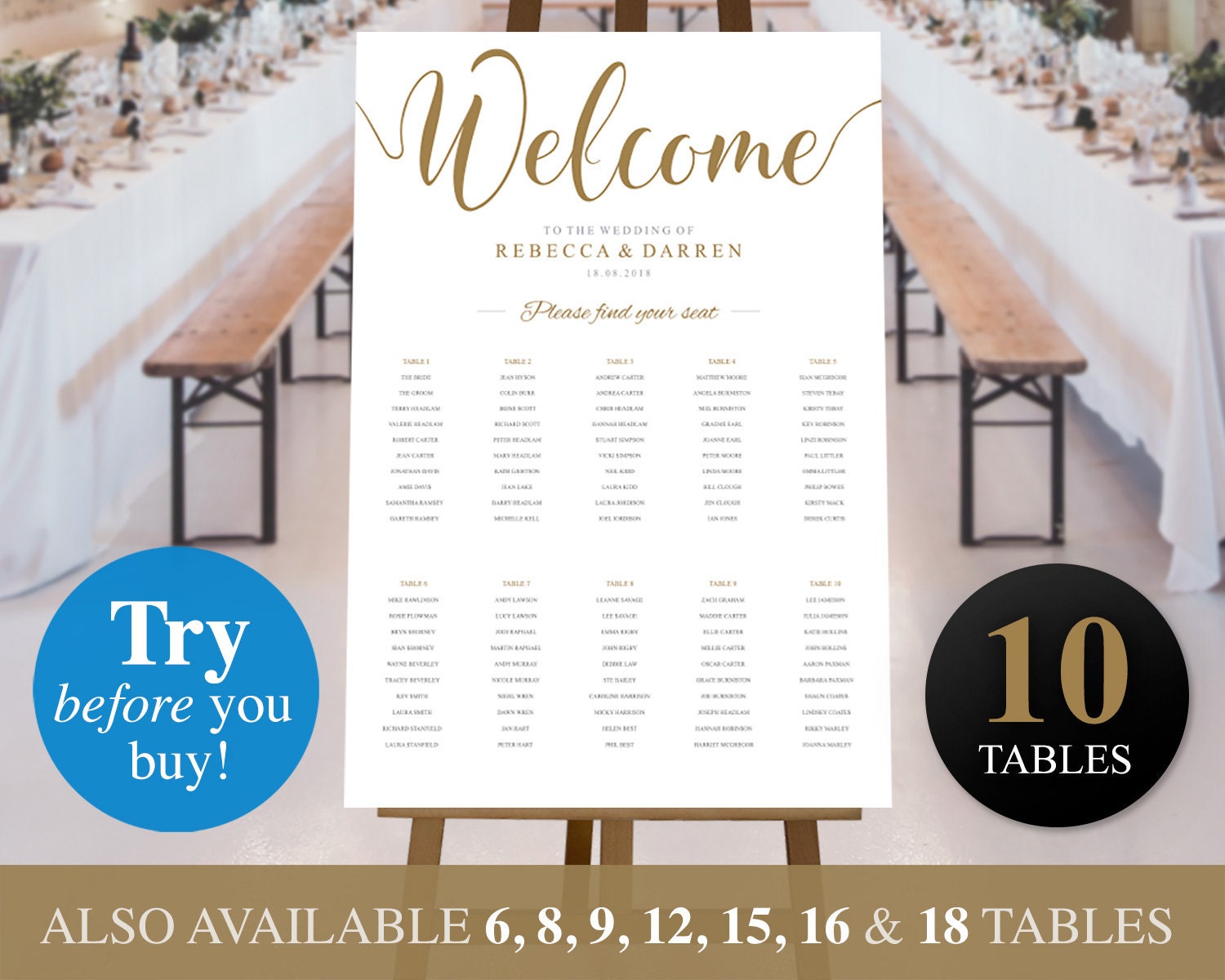 Gold Seating Chart Template With 10 Tables - Etsy