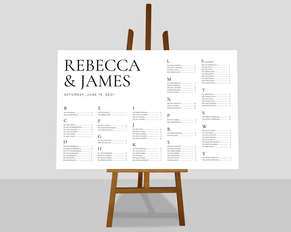 Landscape Seating Chart Template. Large Alphabetical Wedding Seating ...