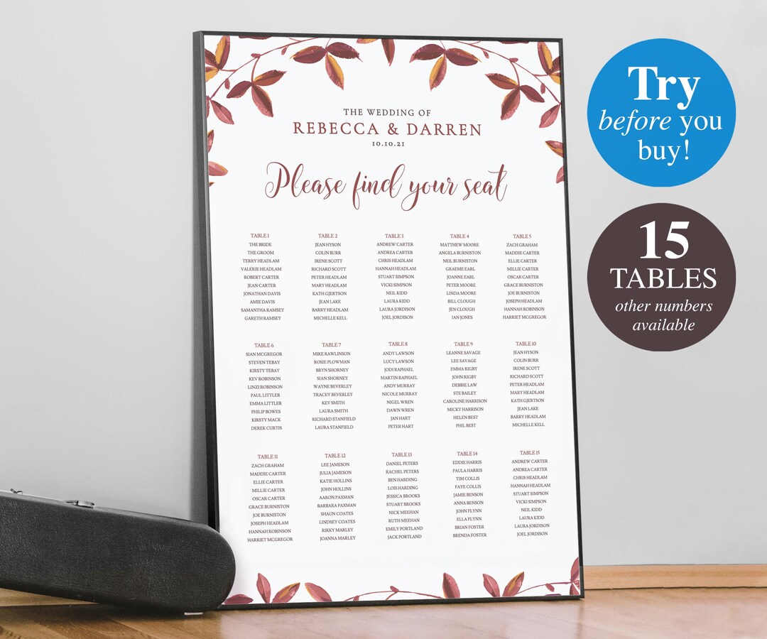 Fall Season Wedding Seating Chart Template 15 Tables - Etsy