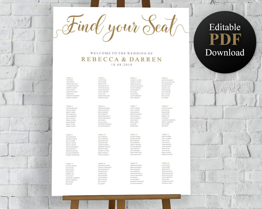 Gold Wedding Seating Plan Template A1 or 24 X 36. Find Your - Etsy ...