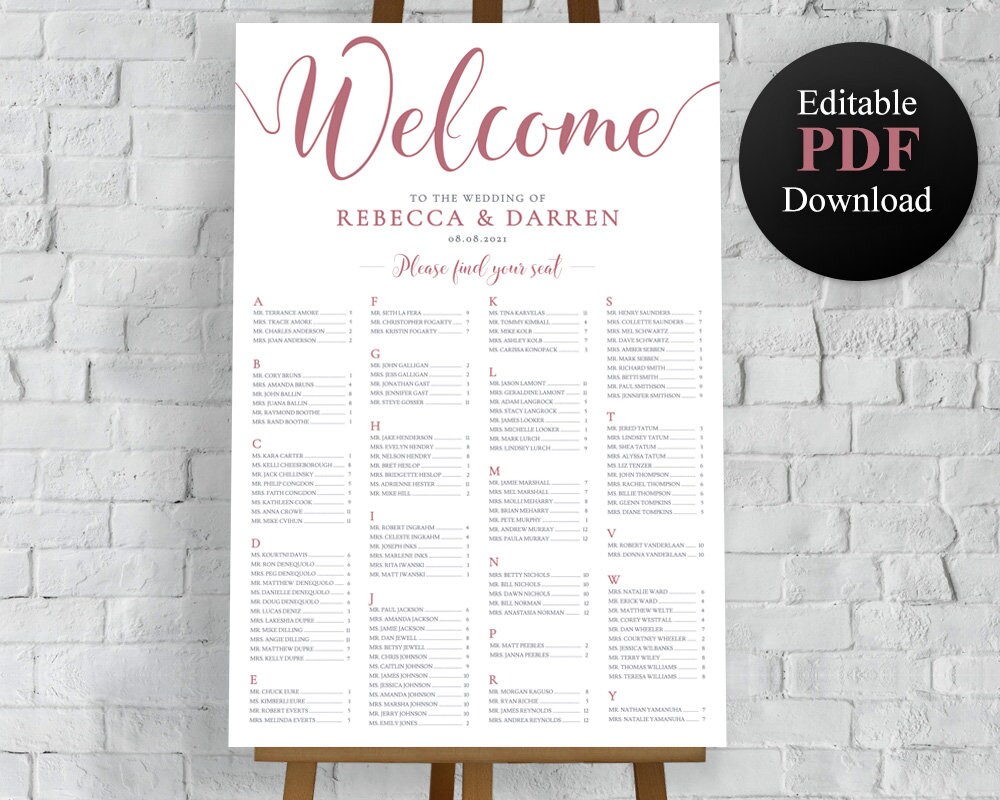 Pink Wedding Seating Chart Template. 24x36 Alphabetical Seating Plan - Etsy