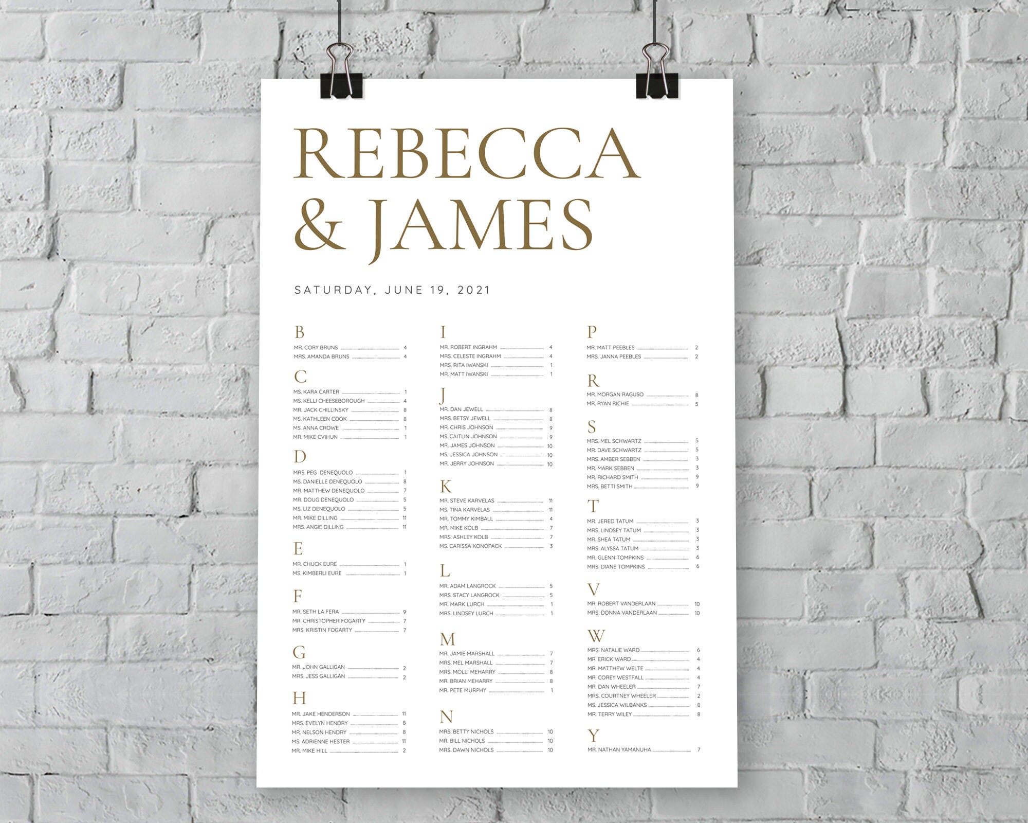 Gold Wedding Seating Chart. Large Alphabetical Seating Plan - Etsy