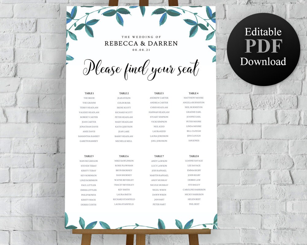 8 Table Seating Chart Template 24x36 | Etsy