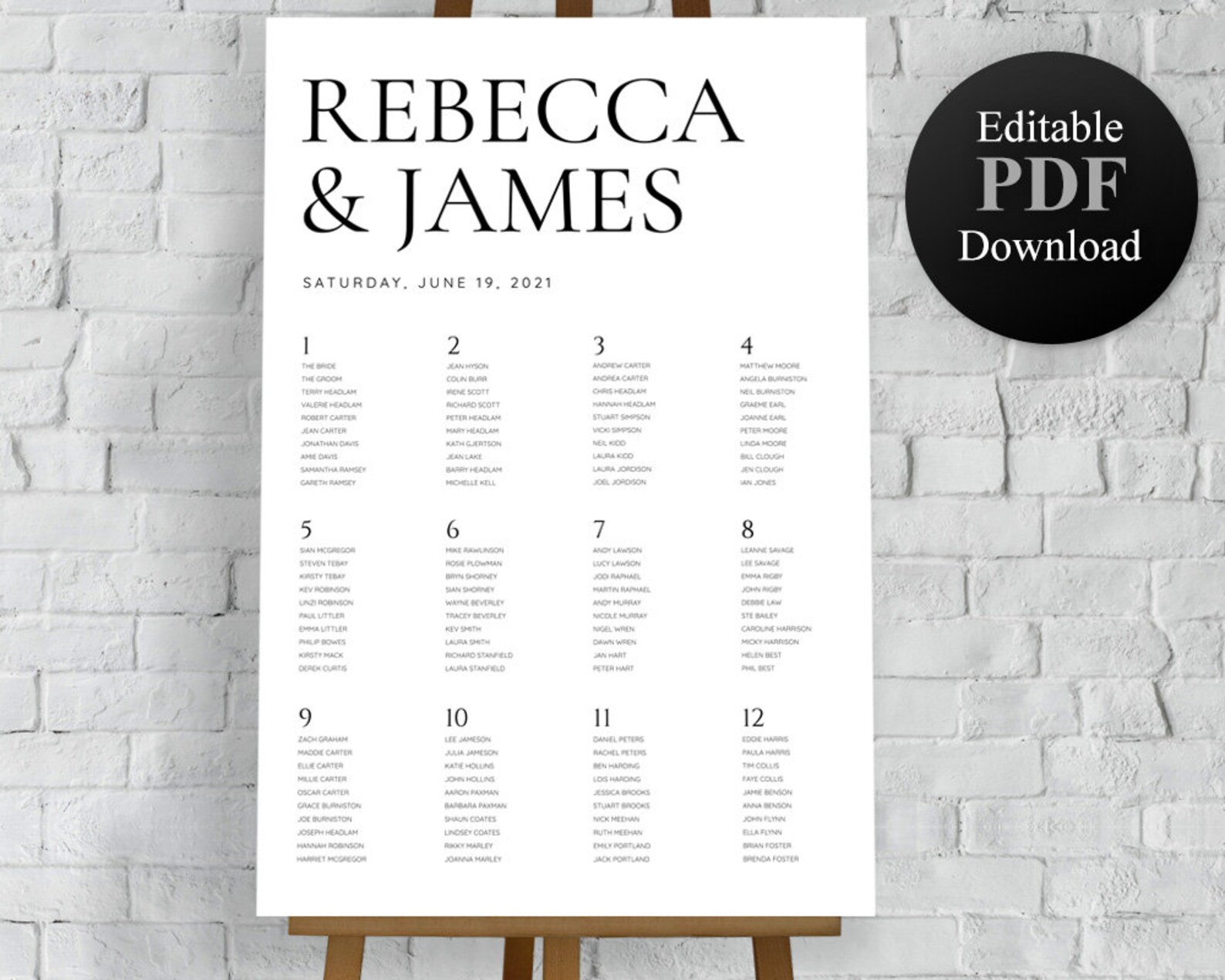 12 Table Wedding Seating Chart Template. Large Seating Plan A1 or 24x36 ...