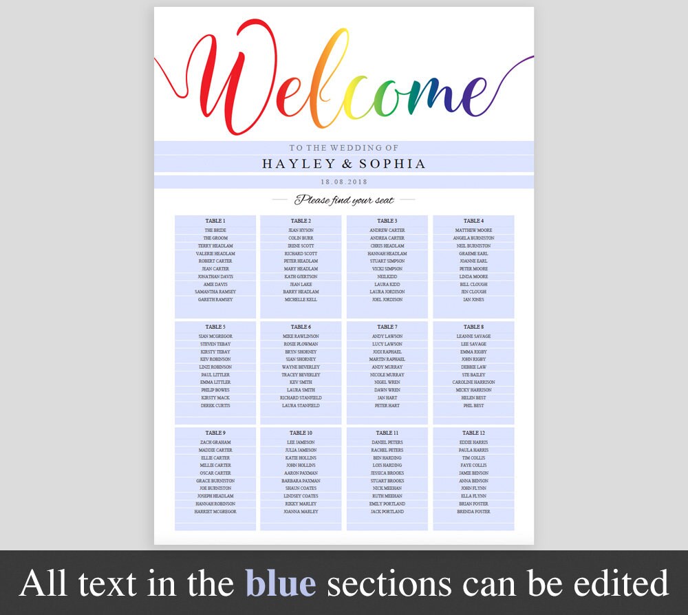 Pride Wedding Seating Chart Template Printable Editable Pdf INSTANT ...