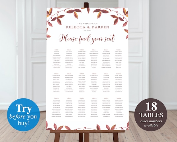 Autumn Leaves Fall Wedding Seating Chart Template 18 Tables - Etsy