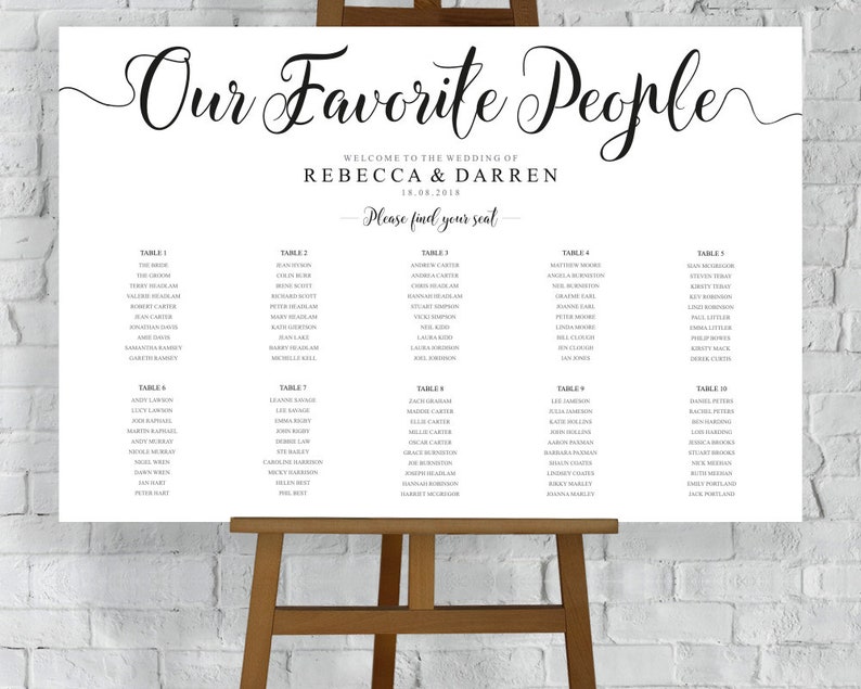 Wedding Seating Chart Landscape Template. Printable Editable Favorite ...
