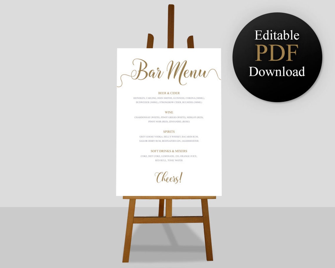 Wedding Bar Menu Sign. Printable Editable Pdf Template INSTANT | Etsy
