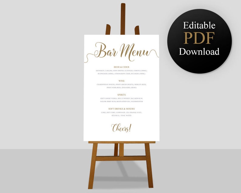 Wedding Bar Menu Sign. Printable Editable Pdf Template INSTANT DOWNLOAD ...