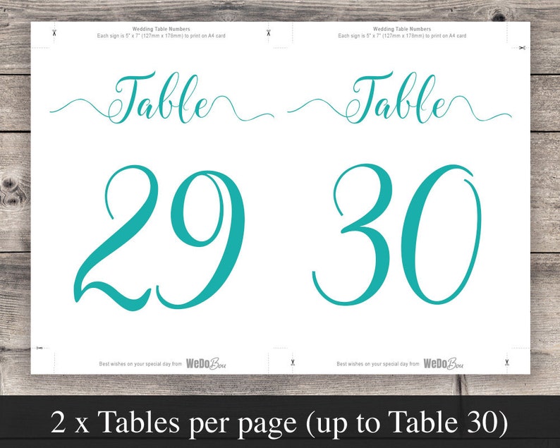 Turquoise Wedding Table Numbers PDF 5x7 - Etsy