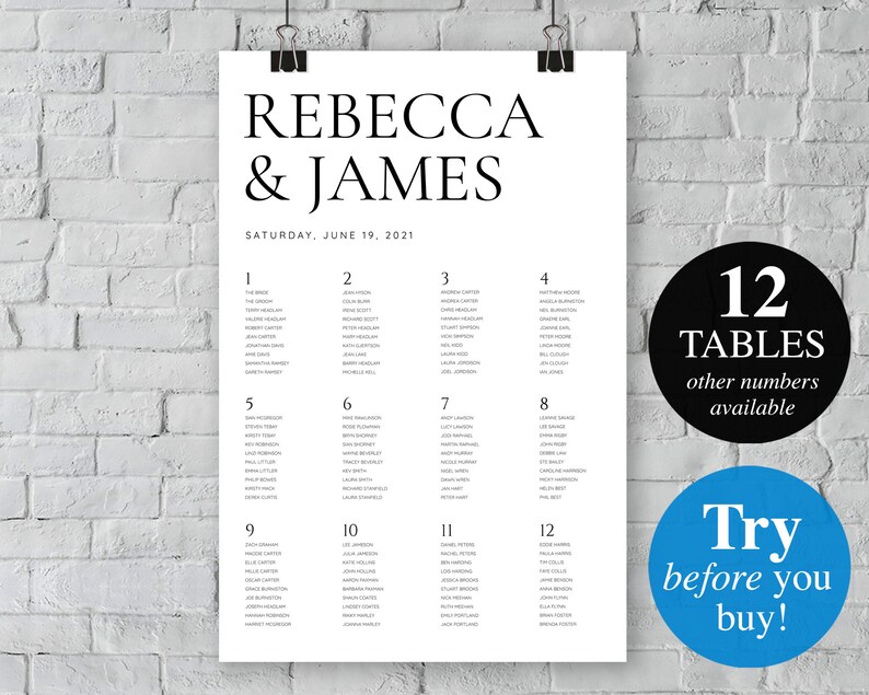 12 Table Wedding Seating Chart Template. Large Seating Plan A1 or 24x36 ...
