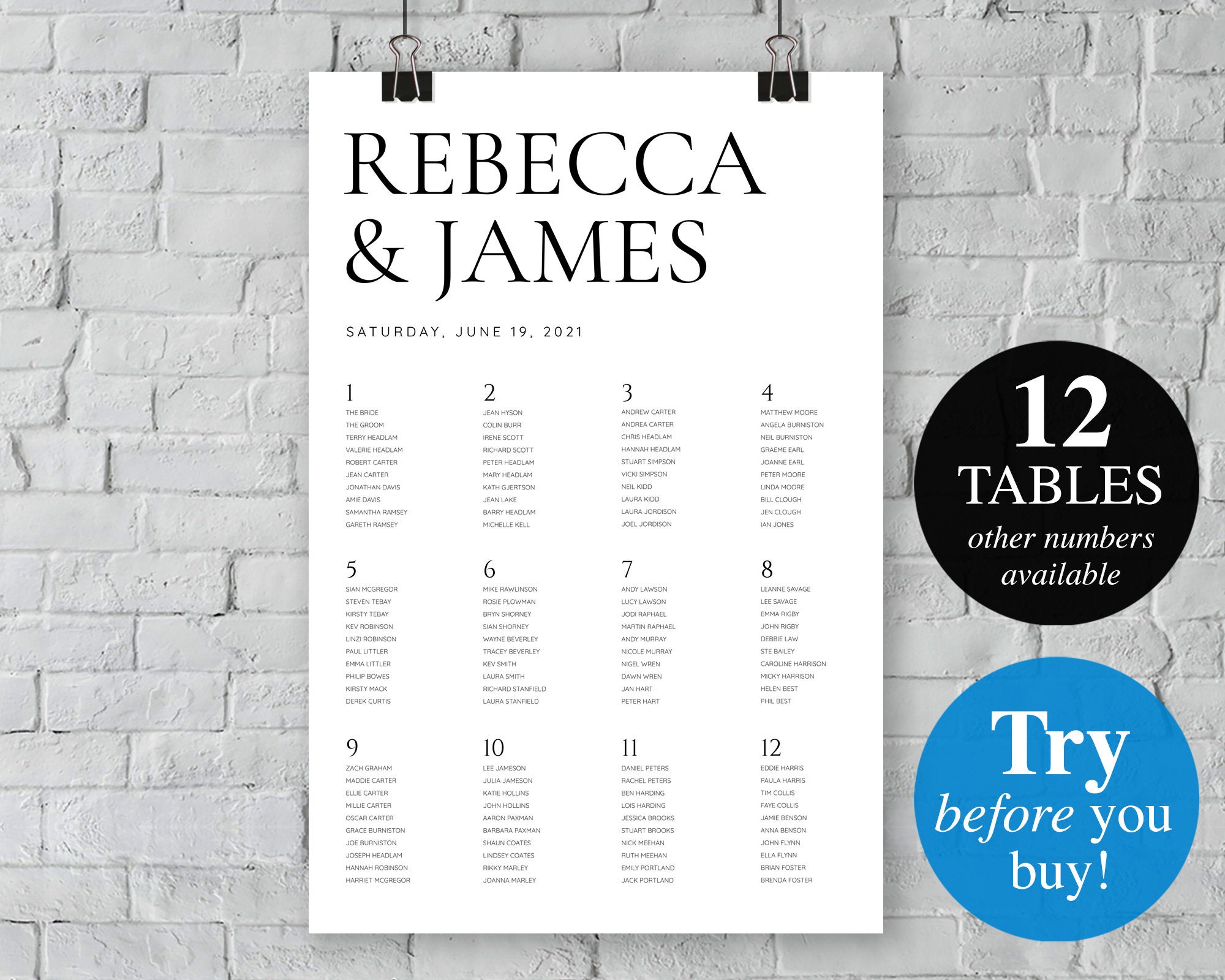 12 Table Wedding Seating Chart Template. Large Seating Plan A1 or 24x36 ...