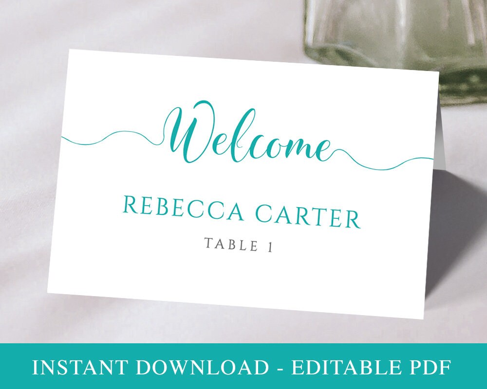 Turquoise Place Cards Template. Printable Editable Wedding Name Cards ...