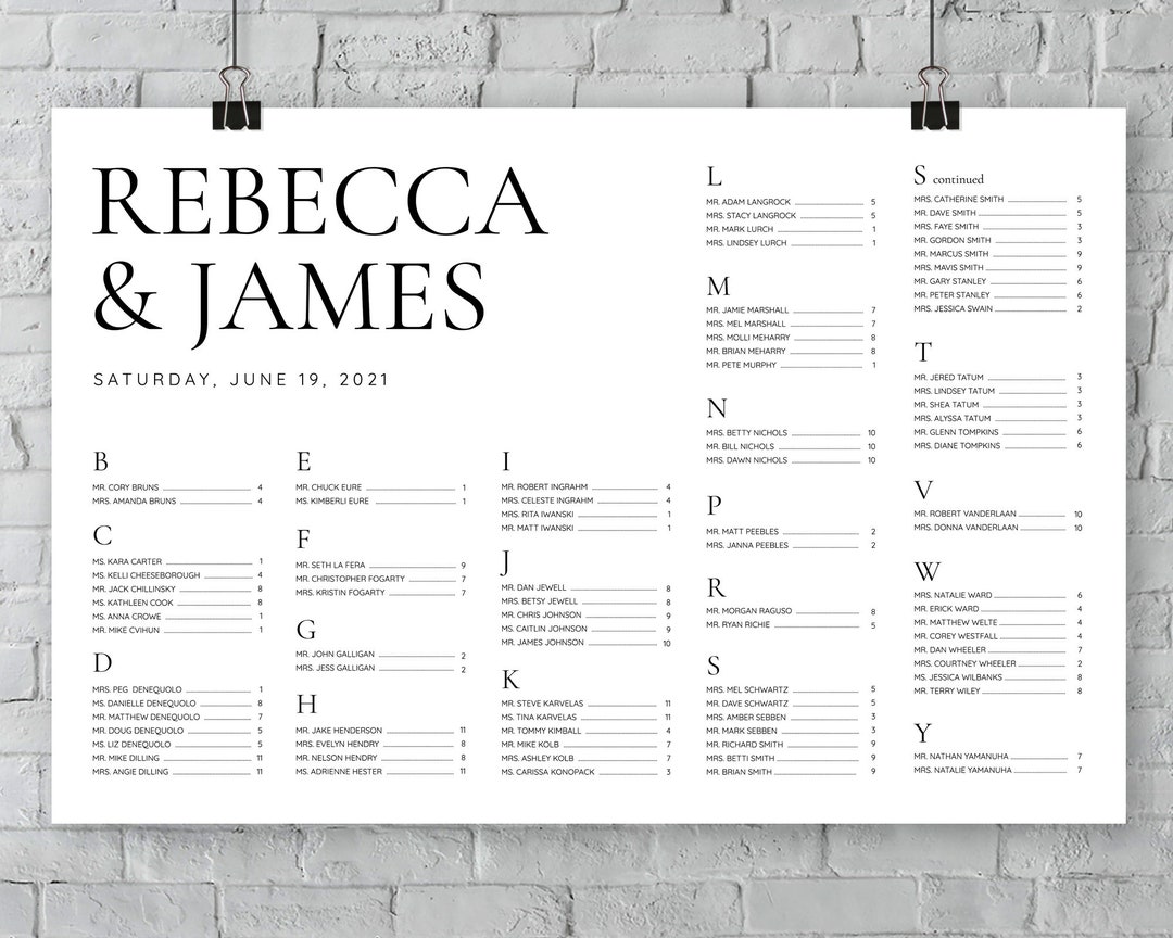 Landscape Seating Chart Template. Large Alphabetical Wedding Seating ...