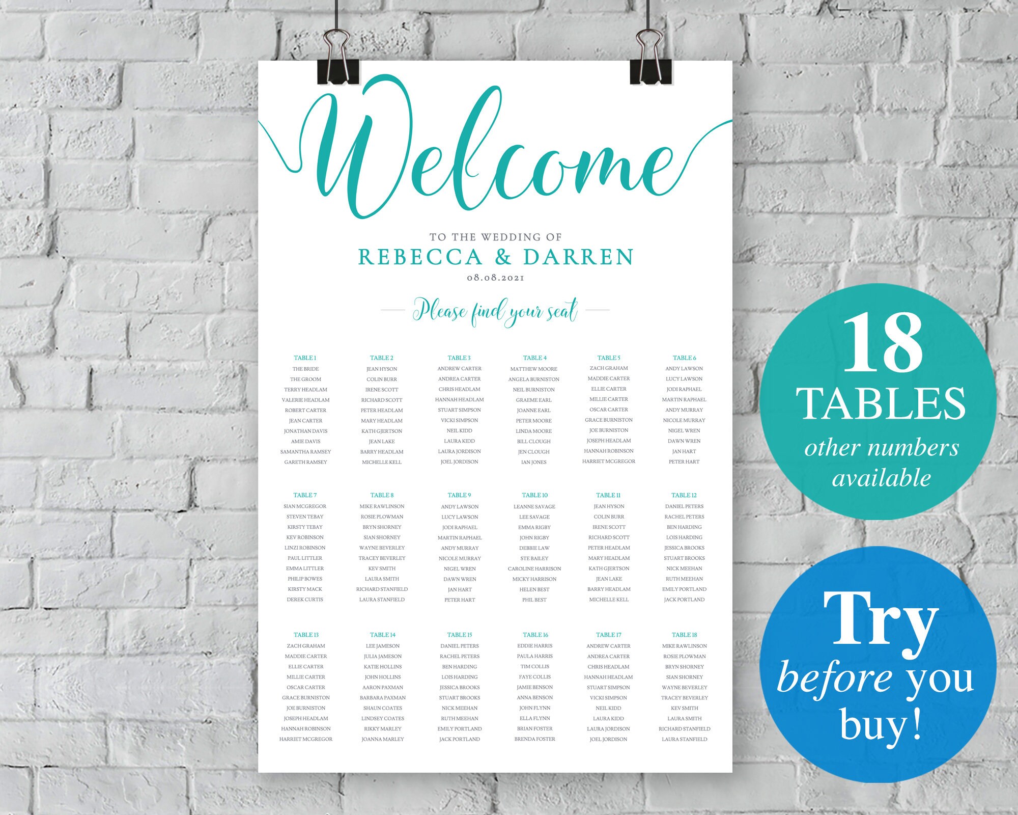Turquoise Wedding Seating Chart Template 18 Tables - Etsy