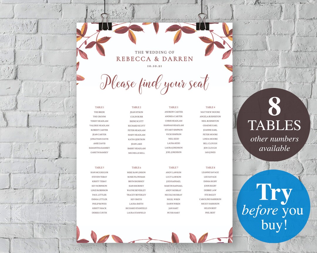 Fall Season Wedding Seating Chart Template 8 Tables | 24"x36" or A1 - Etsy