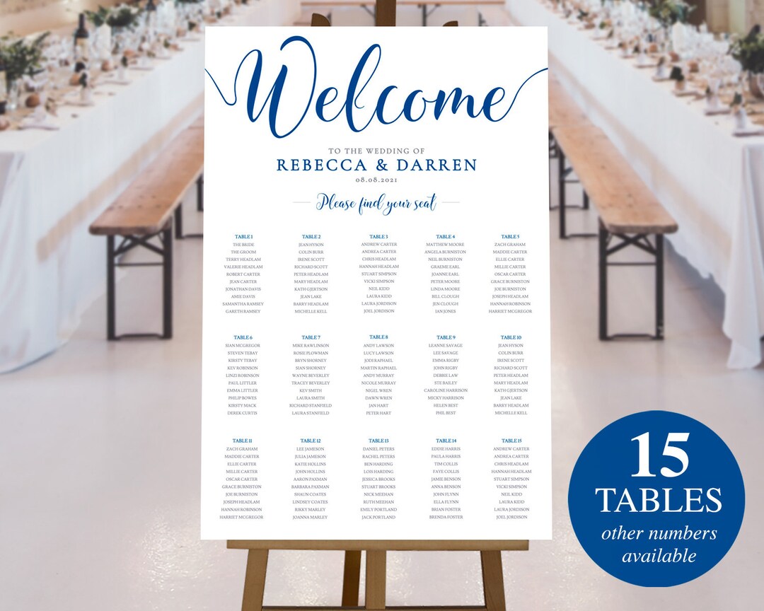 Royal Blue Wedding Seating Chart Template 15 Tables - Etsy