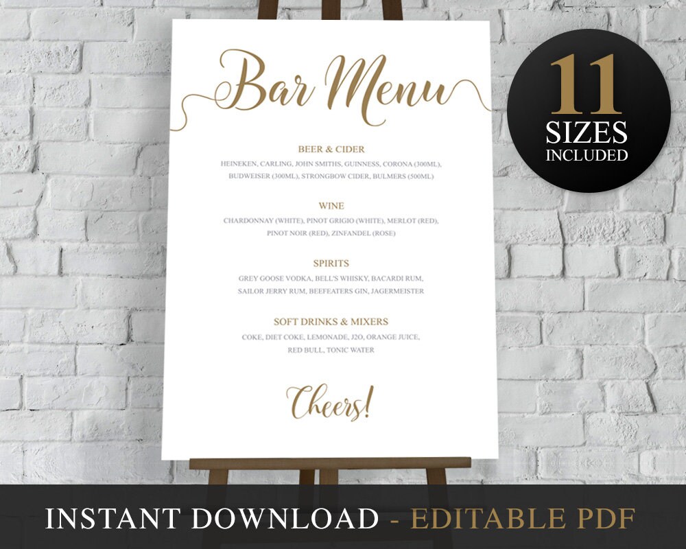Wedding Bar Menu Sign. Printable Editable Pdf Template INSTANT DOWNLOAD ...