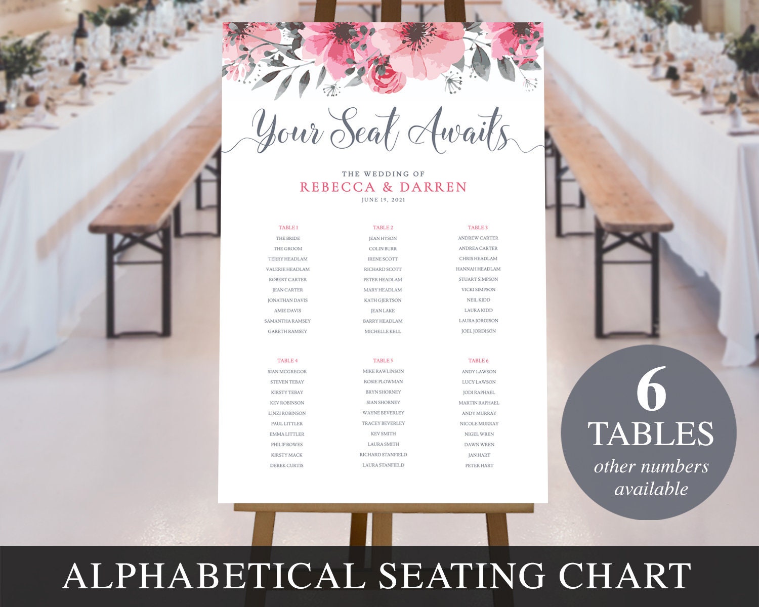 Wedding Seating Chart Template 6 Tables. Floral Seating Plan 24x36 - Etsy