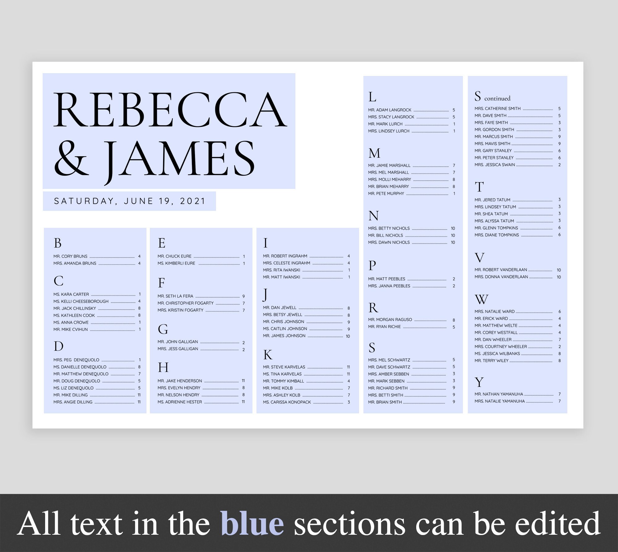 Landscape Seating Chart Template. Large Alphabetical Wedding Seating ...
