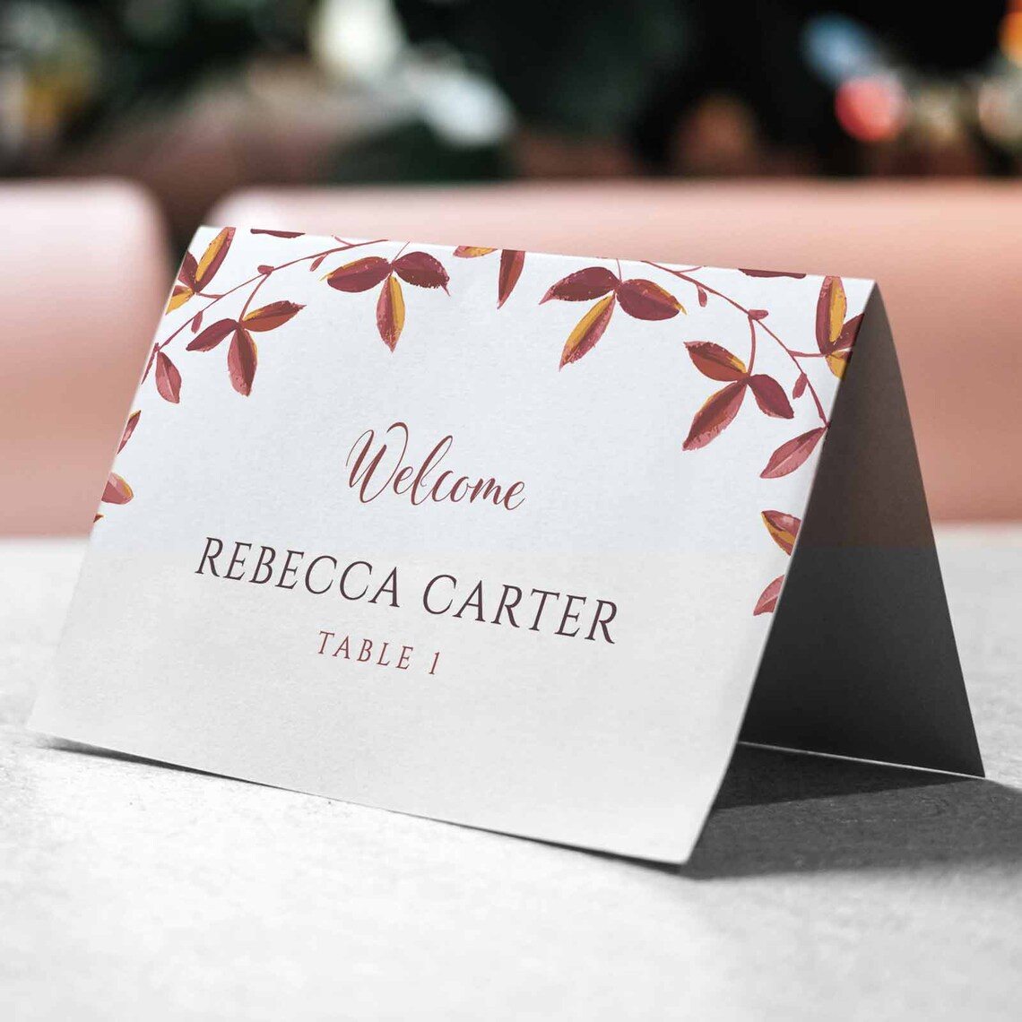 Autumn Leaves Place Cards for Fall Season Weddings. Download Editable ...