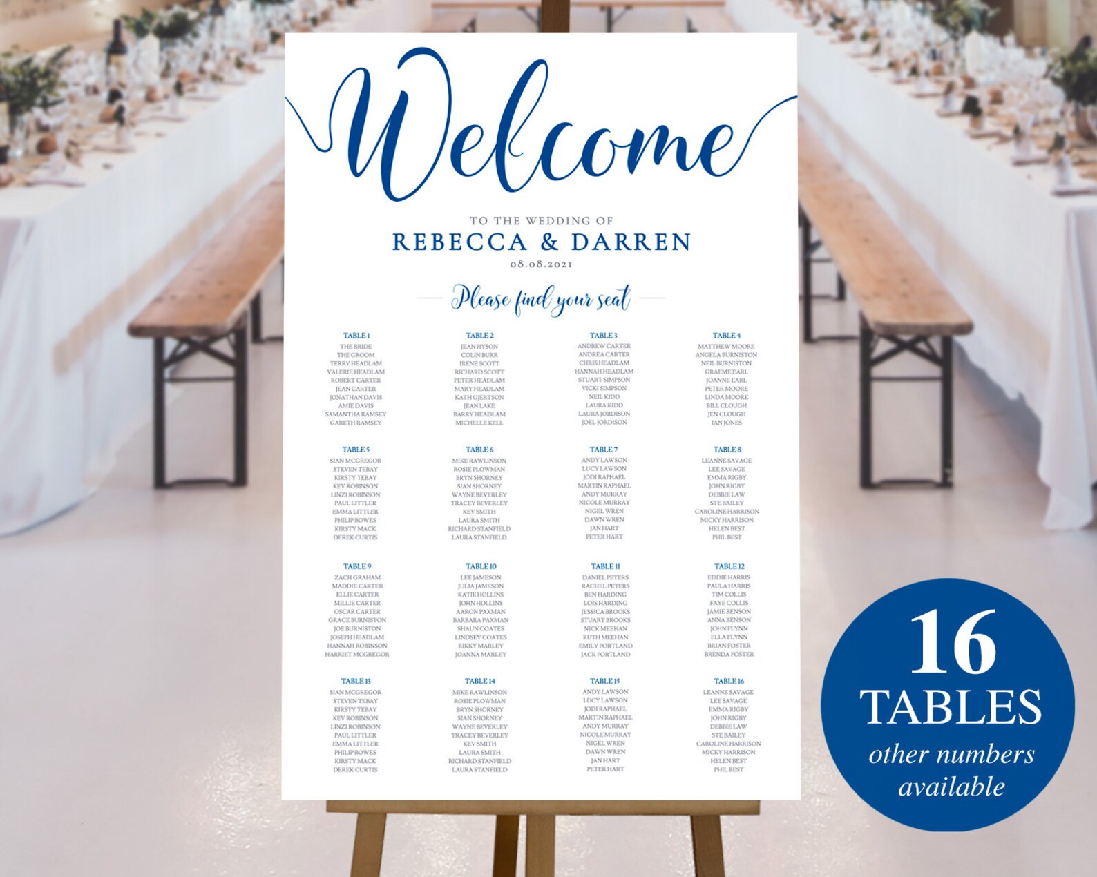 Royal Blue 16 Table Wedding Seating Chart Template - Etsy