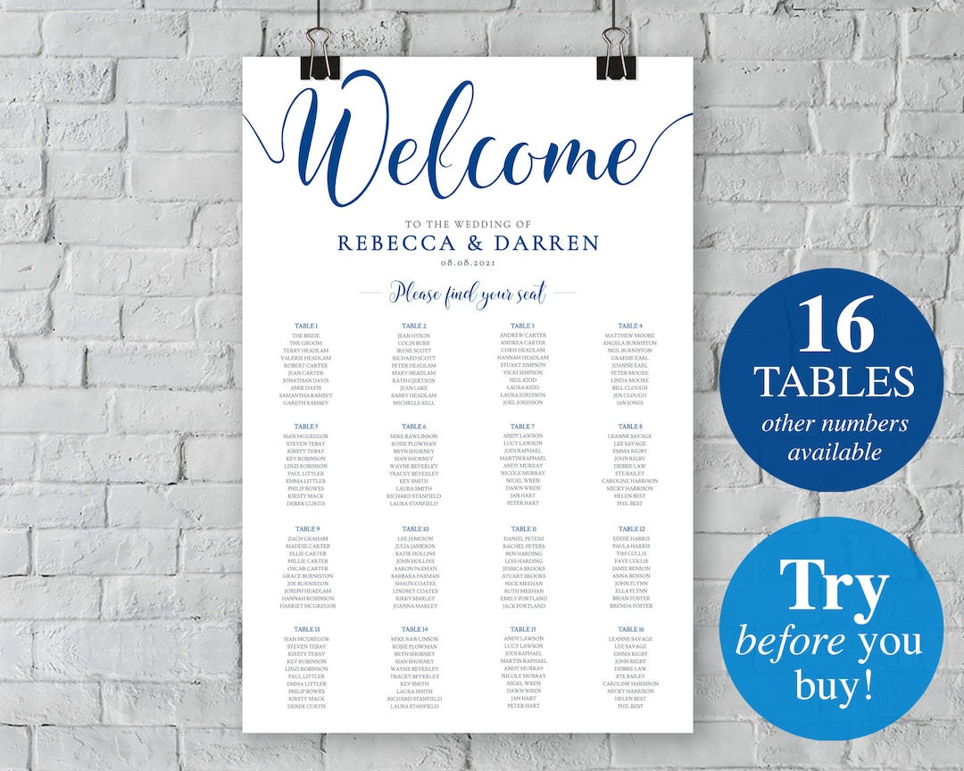 Royal Blue 16 Table Wedding Seating Chart Template - Etsy